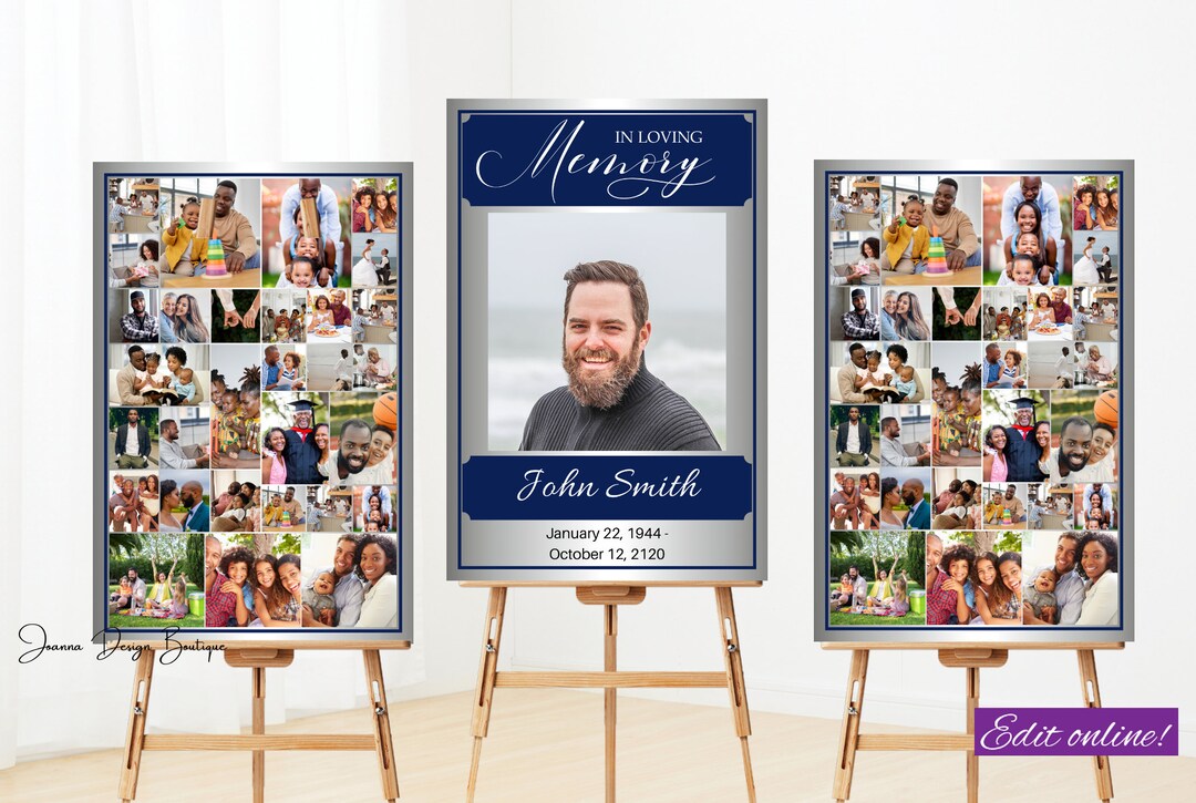 Blue Silver Memorial Photo Collage Sign Blue Silver Funeral Photo ...