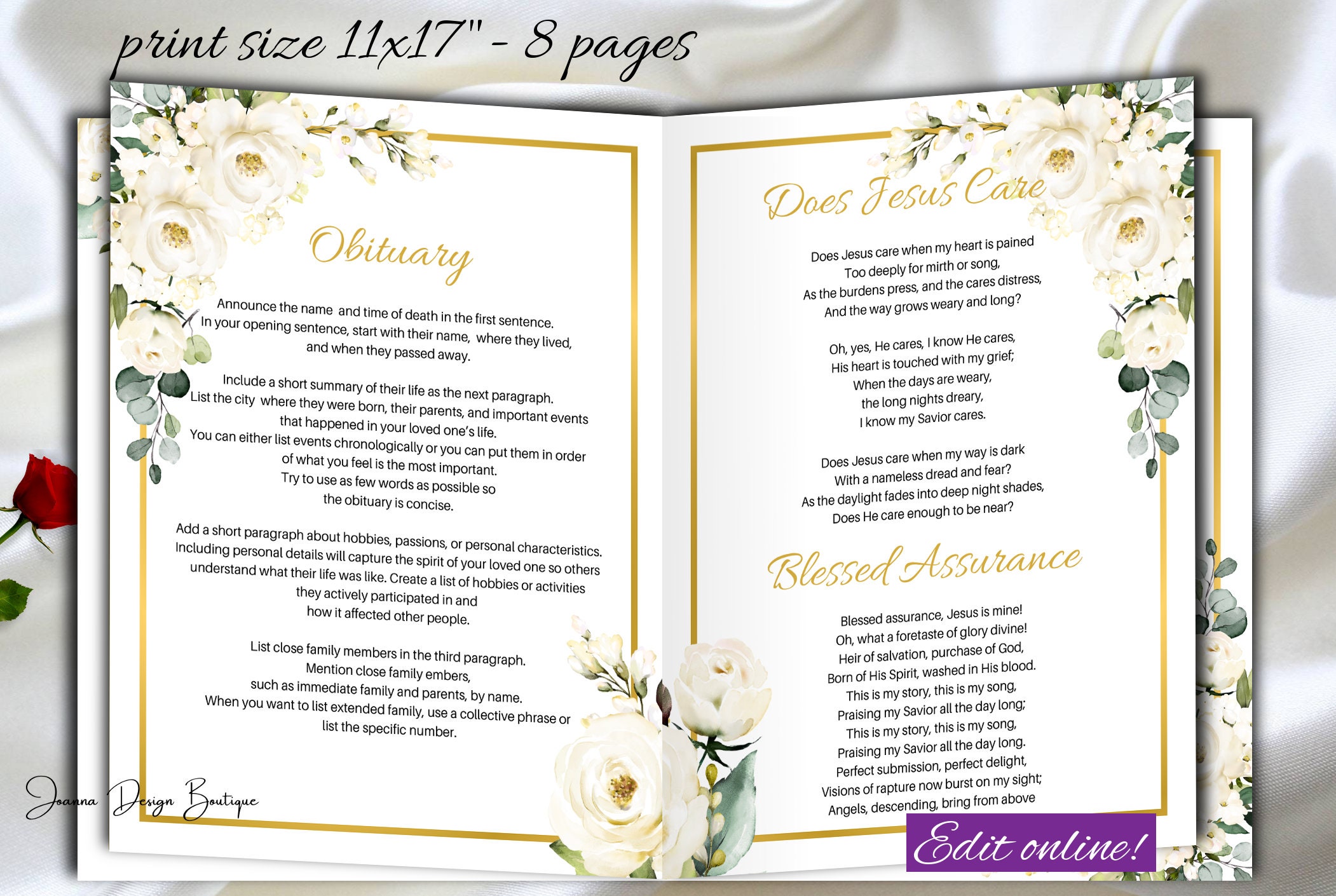 White Roses Funeral Program White Roses Obituary 8 Pages - Etsy
