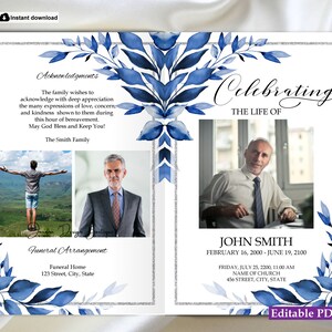 Blue Silver Funeral Program Male Funeral Program for Man Men Blue ...