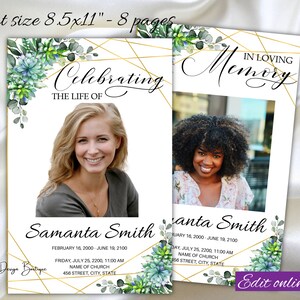 Funeral Program Template for Women Succulent Funeral Program Floral ...
