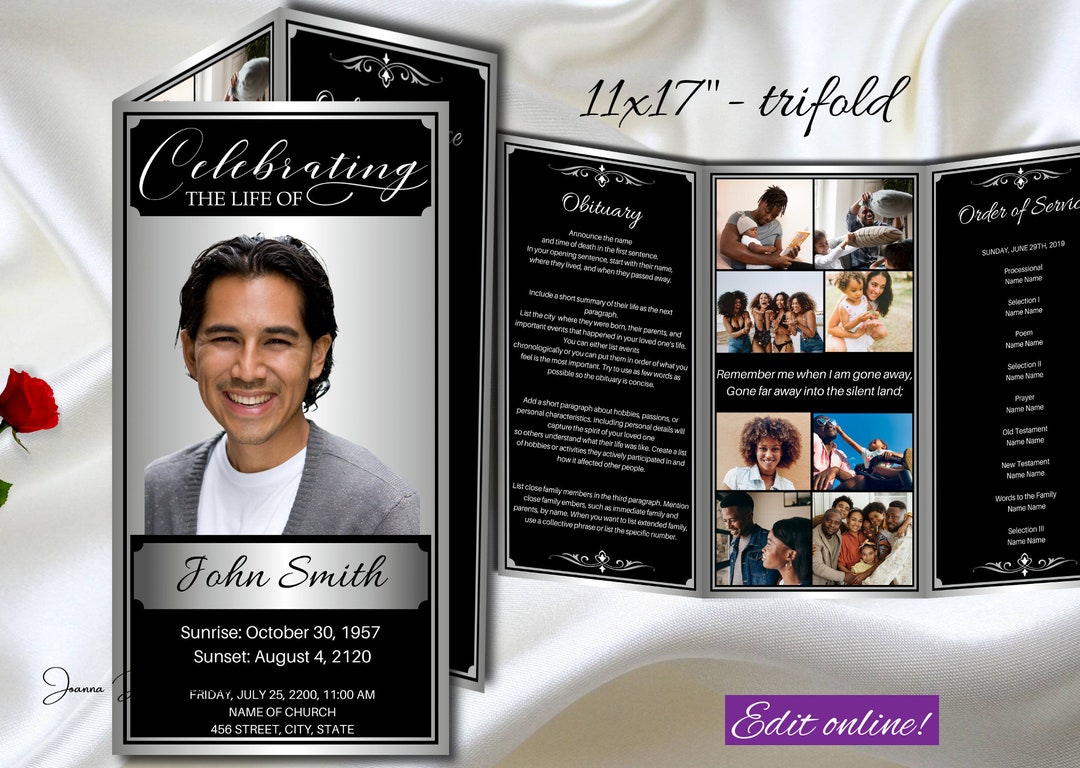 Black Silver Funeral Program Template Trifold Silver Memorial Service ...