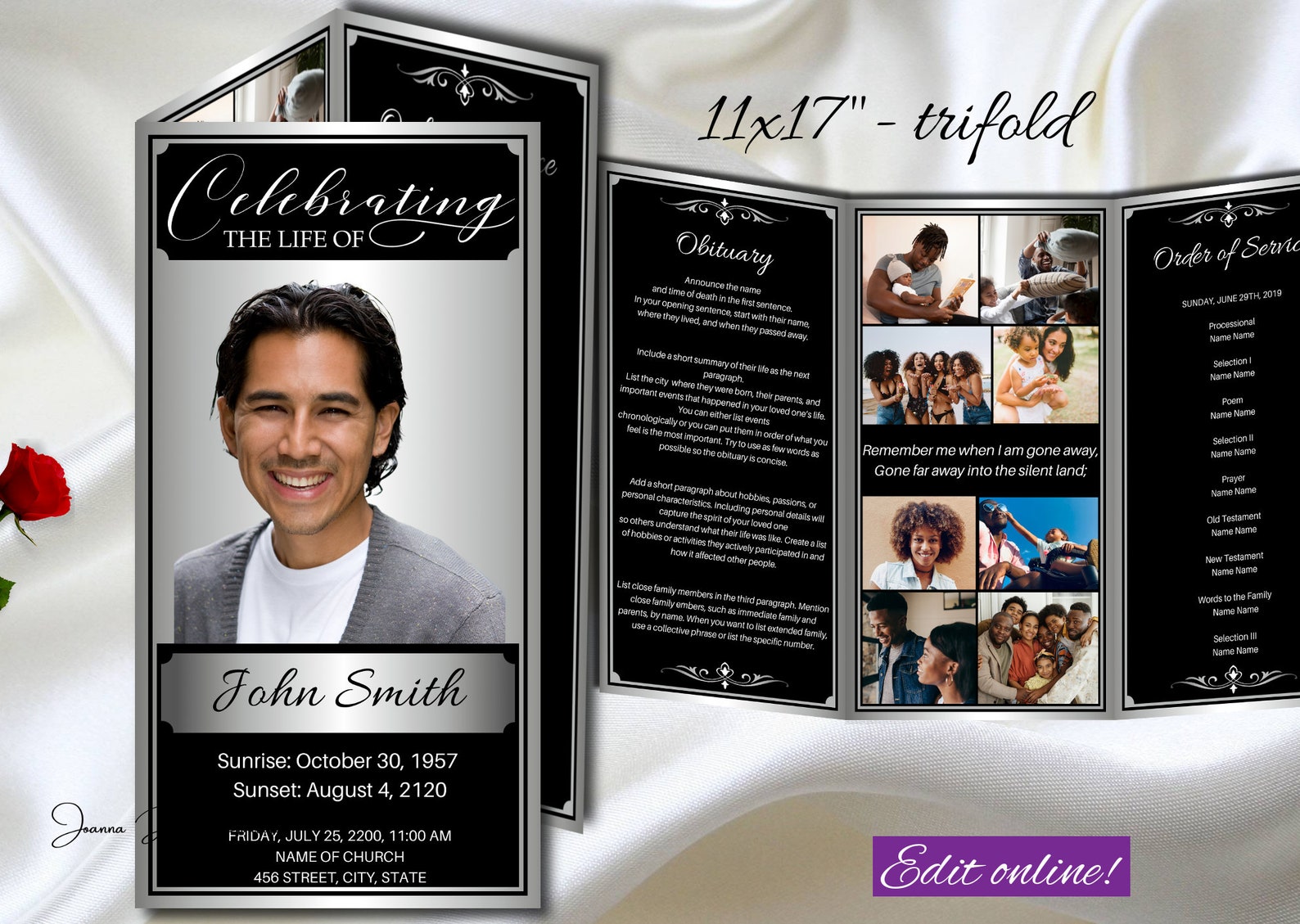 Black Silver Funeral Program Template Trifold Silver Memorial Service ...