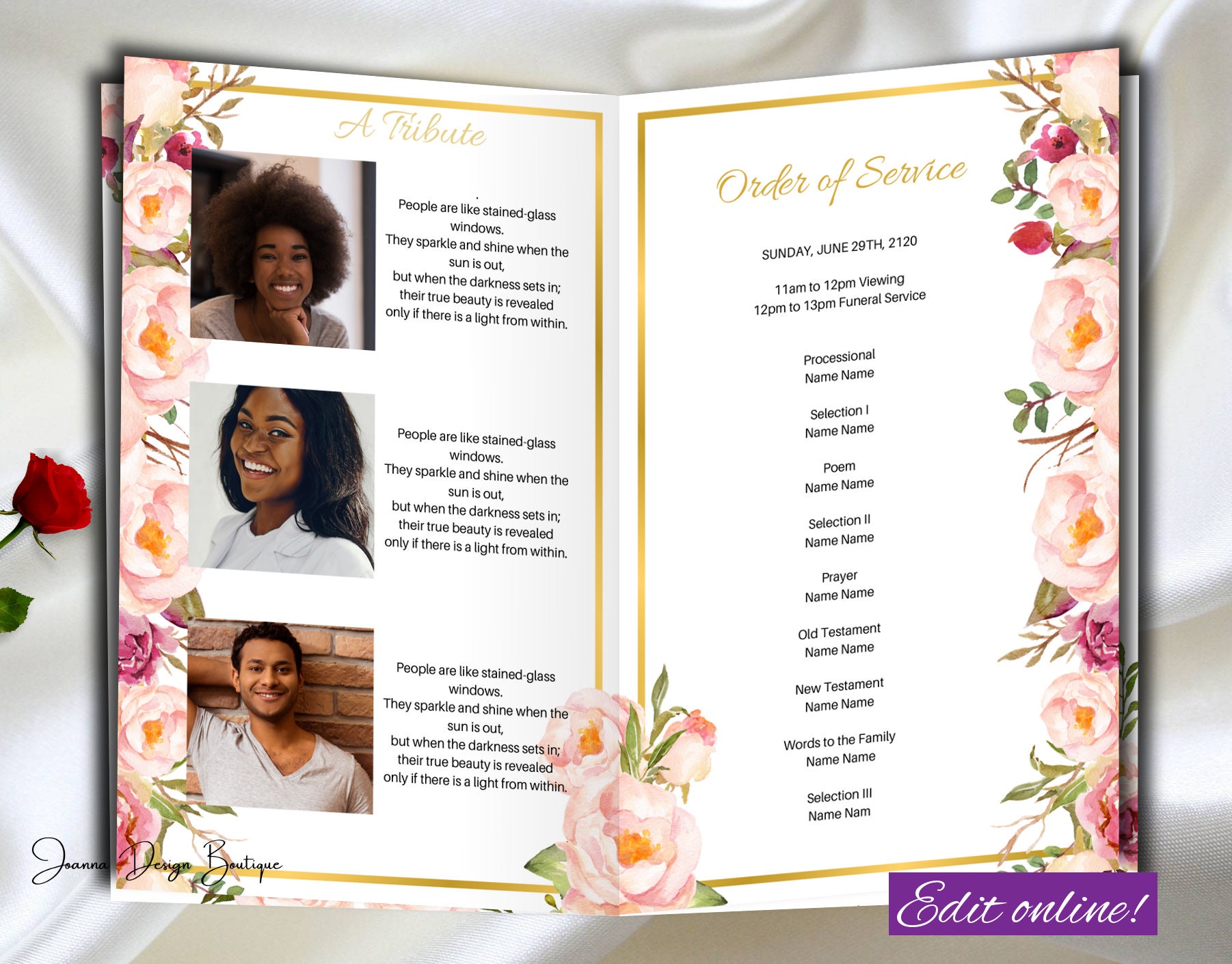 Blush Flowers Funeral Program Roses Memorial Service Program | Etsy
