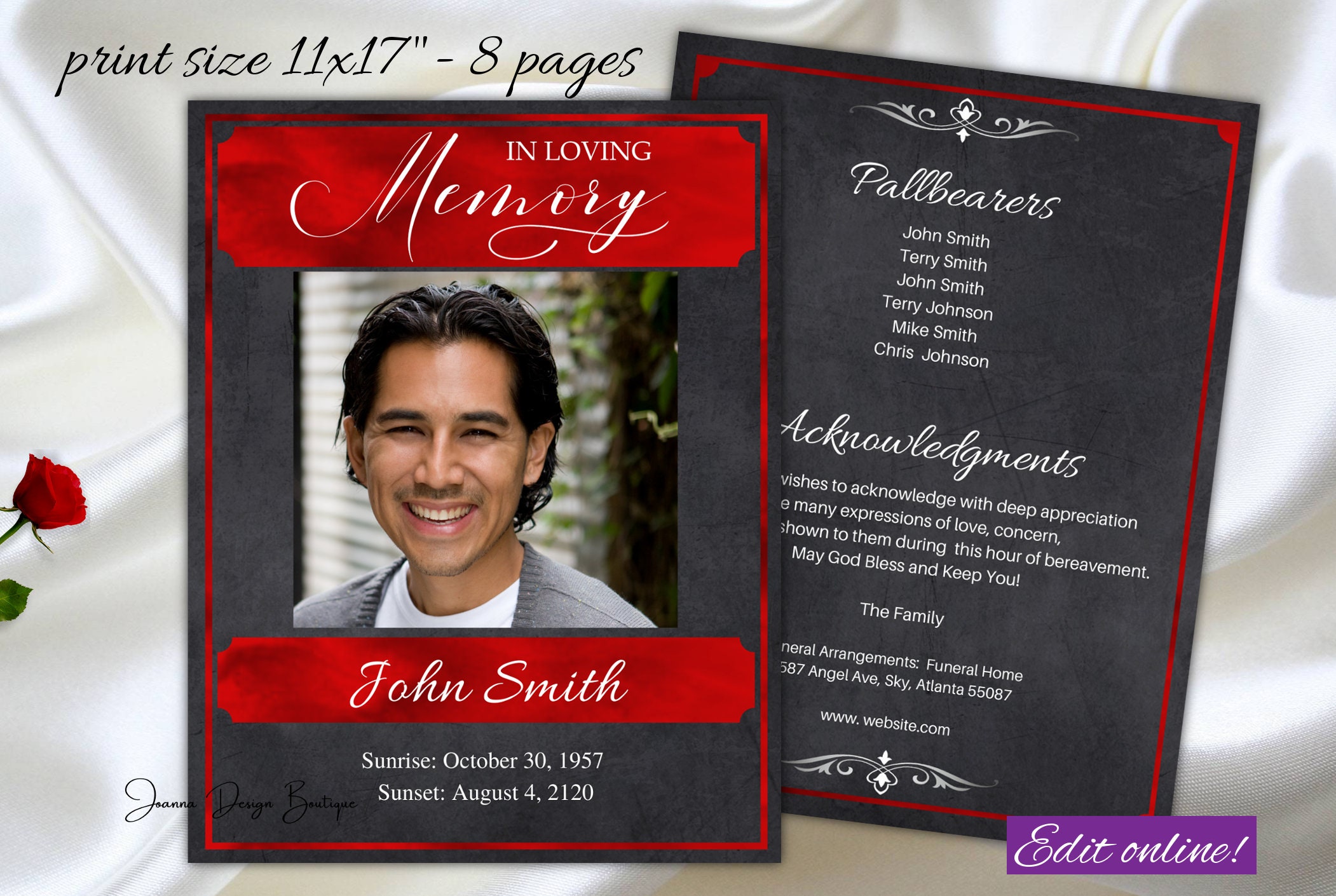 Red Black Funeral Program Template 11x17 8 Pages for Men - Etsy