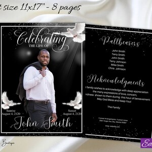 Black Silver Obituary Funeral Program 11x17 8 Pages Male Men's Dove ...