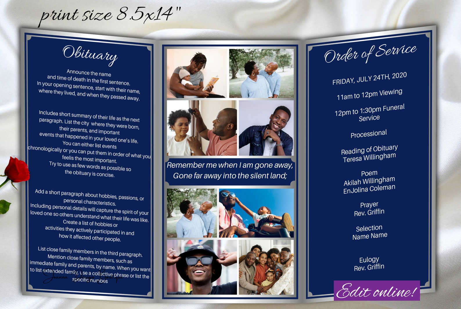 Blue Funeral Program Template Trifold Navy Blue Silver - Etsy