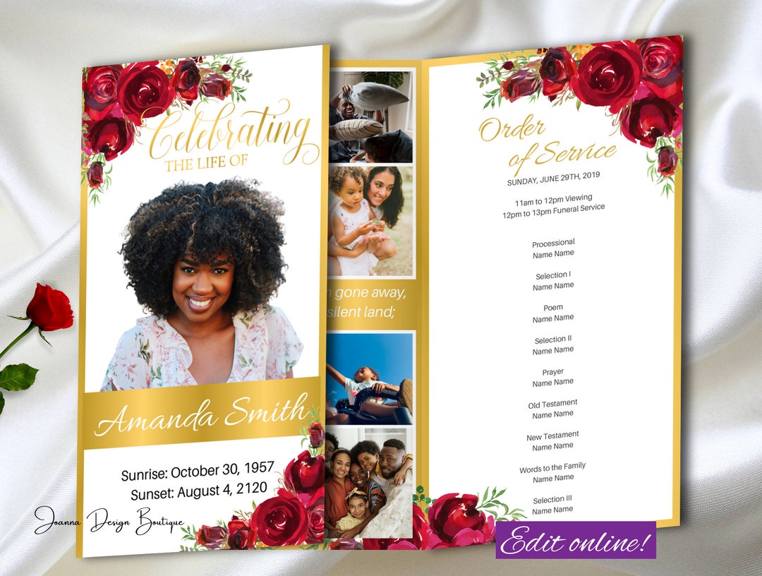 Funeral Program for Women Trifold Red Roses Funeral Program With Red ...