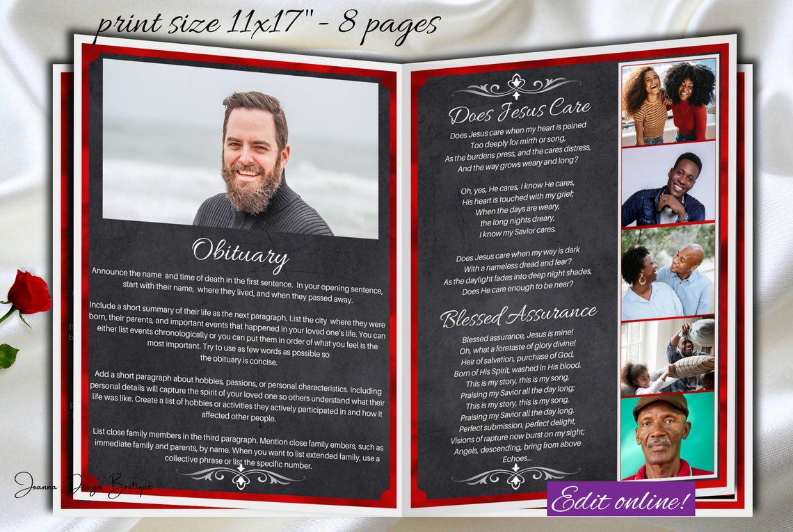 Red Black Funeral Program Template 11x17 8 Pages for Men - Etsy