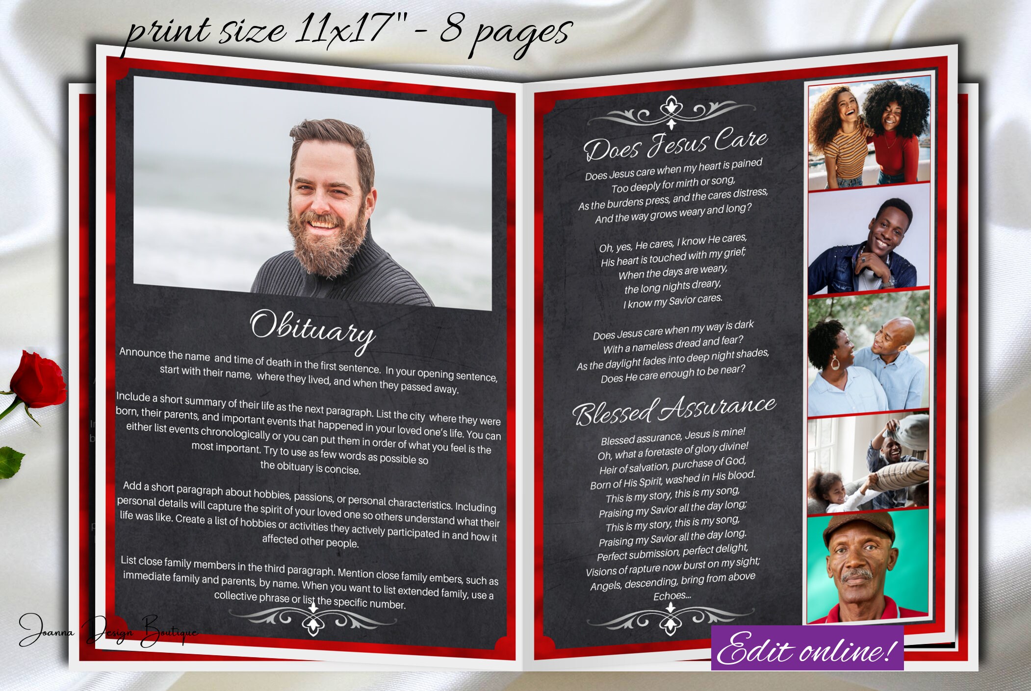 Red Black Funeral Program Template 11x17 8 Pages for Men - Etsy