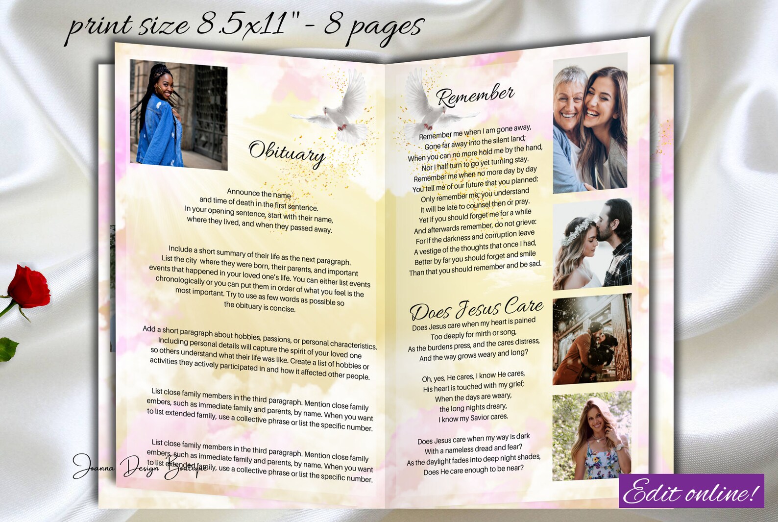 Heavenly Obituary Funeral Program Template 8 Pages Gold Sky Funeral ...