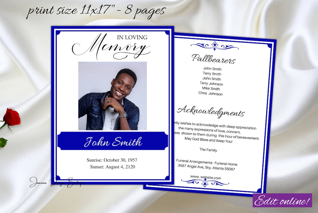 Royal Blue Funeral Program 11x17 Royal Luxury Funeral Program Template ...