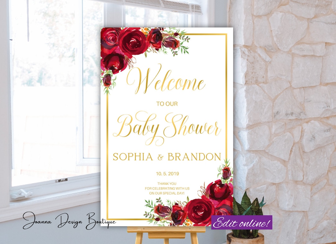 Red Roses Baby Shower Welcome Sign Red Roses Gold Baby Shower Welcome ...