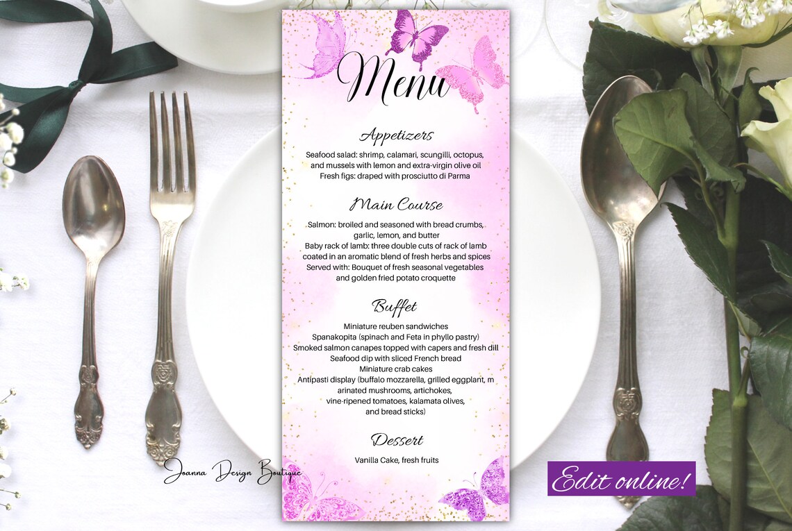 Butterfly Menu Card Template Pink Purple Butterflies Menu Card - Etsy