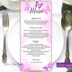 Butterfly Menu Card Template Pink Purple Butterflies Menu Card - Etsy