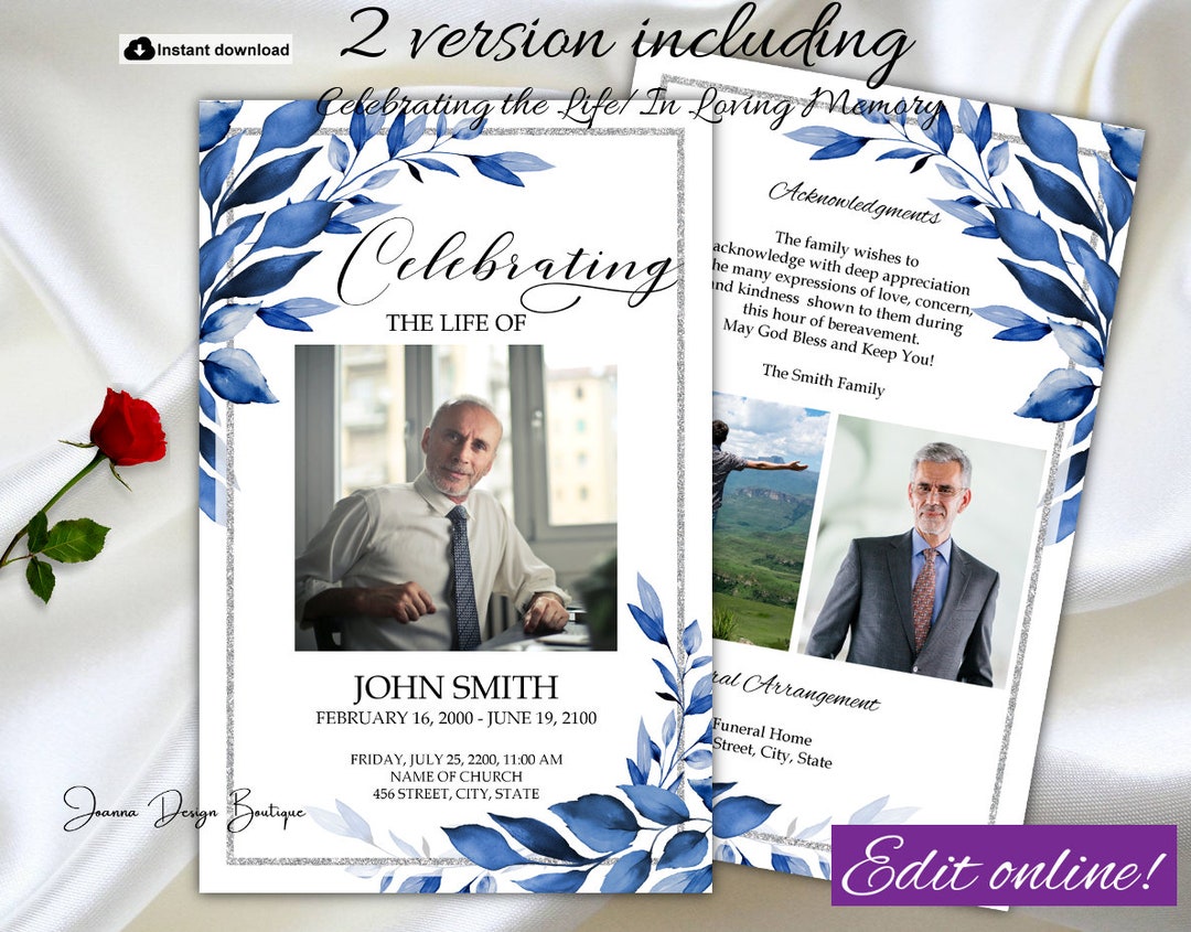 Blue Silver Funeral Program Male Funeral Program for Man Men Blue ...