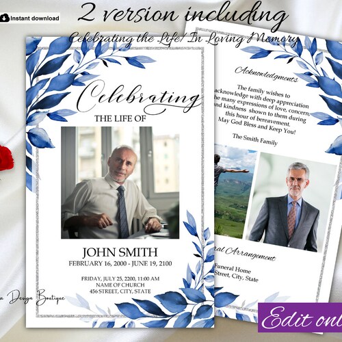 Funeral Program Template for Man Blue Funeral Program - Etsy UK