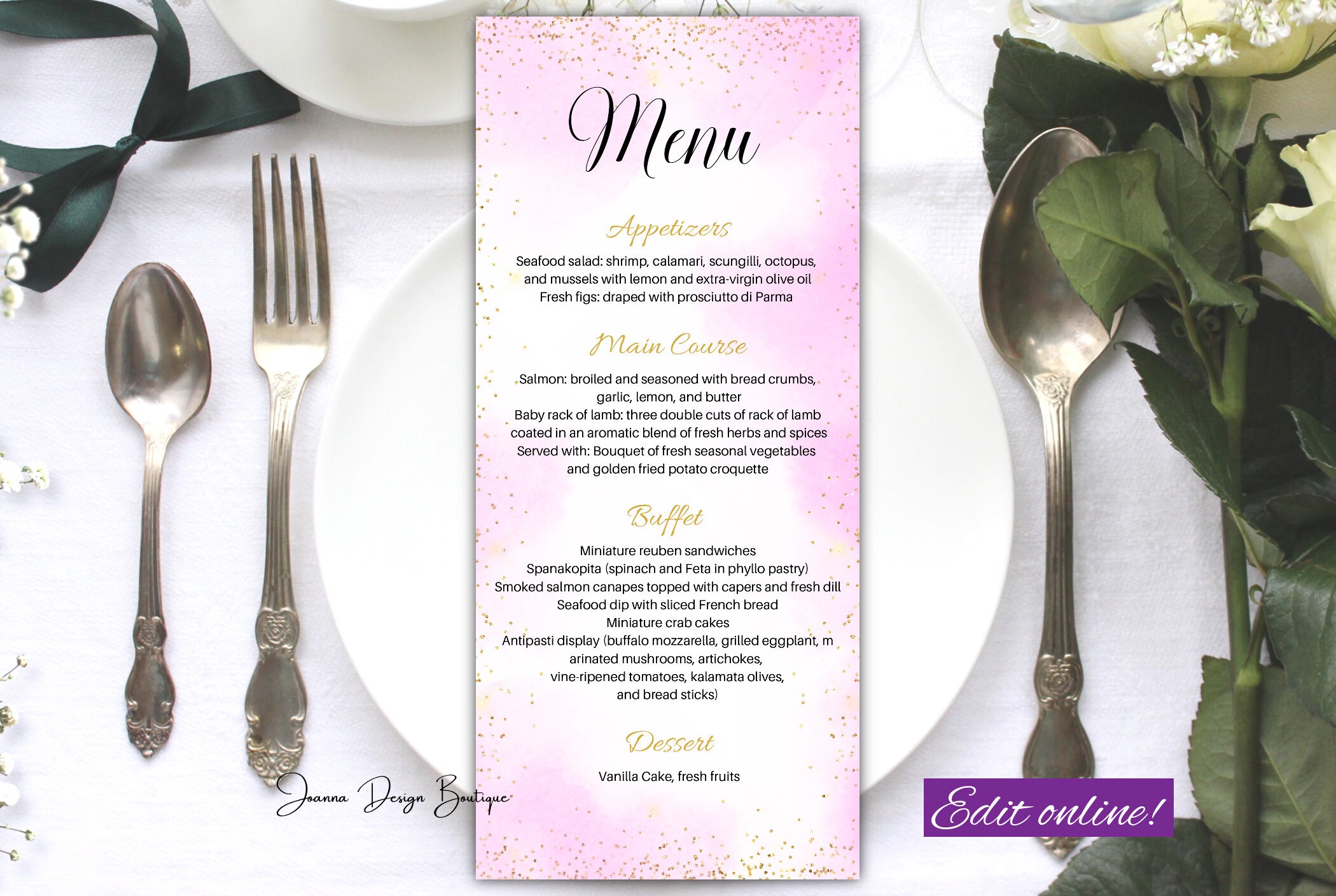 Pink Gold Menu Card Template Pink Gold Glitter Menu Card Gold - Etsy