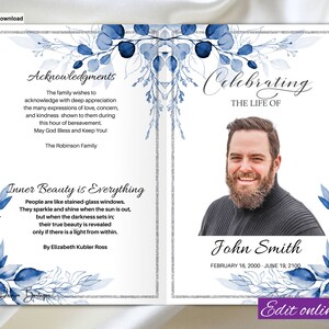 Blue Silver Funeral Program Template Blue Funeral Program for Man Men ...