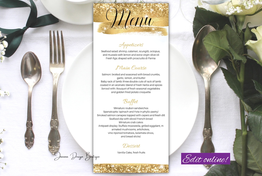 Gold Glitter Menu Card Template Glamour Birthday Menu Card Gold Glitter ...
