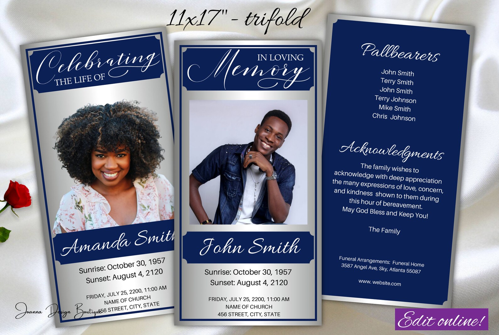 Blue Funeral Obituary Program Template Trifold Blue Silver Memorial ...