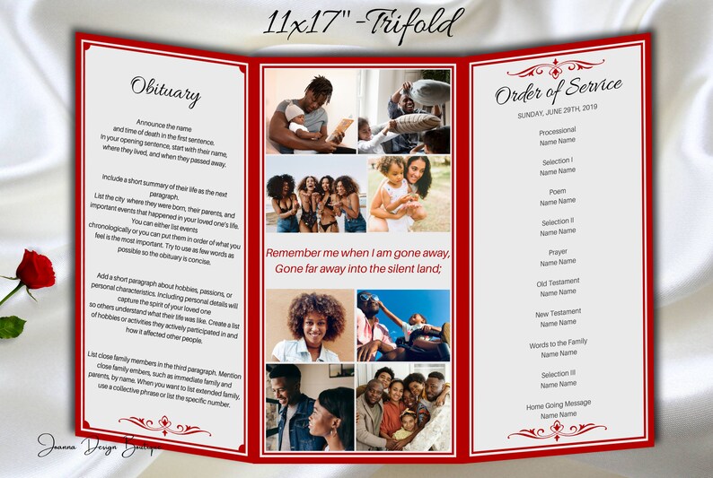 Red Gray Funeral Program Template Trifold Red Memorial Service Program ...