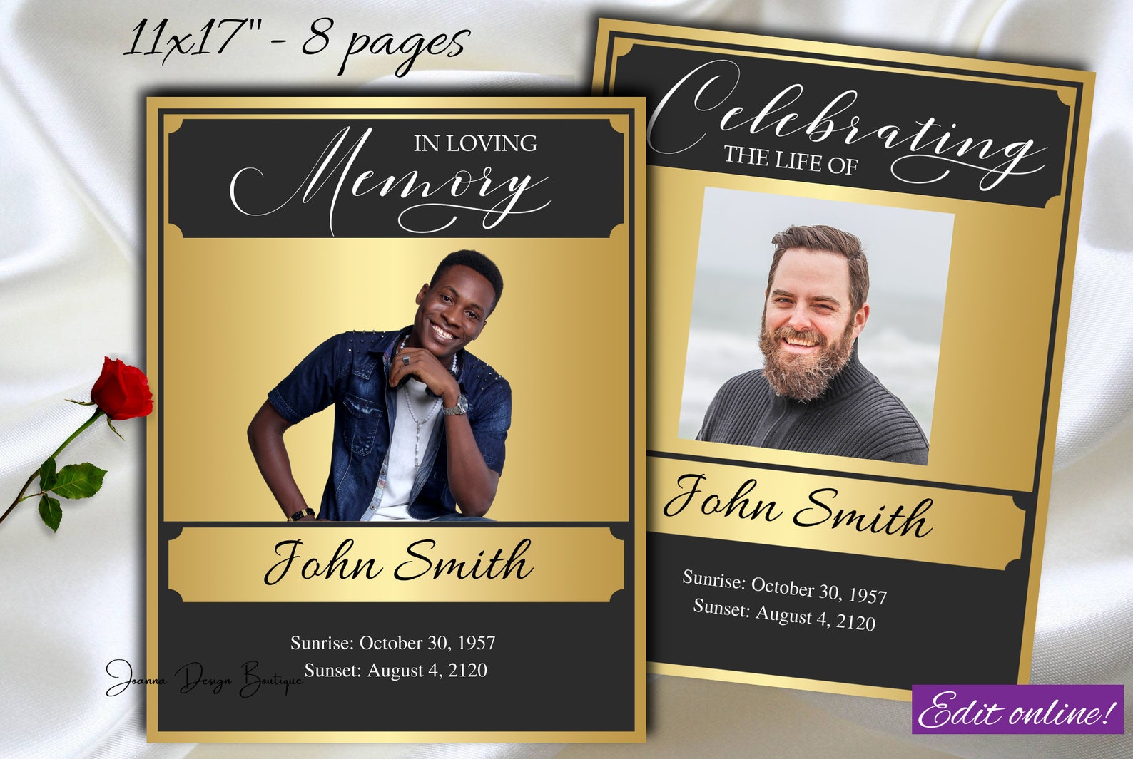 Gold Funeral Program Template 11x17" 8 Pages Male Man Gold Memorial ...