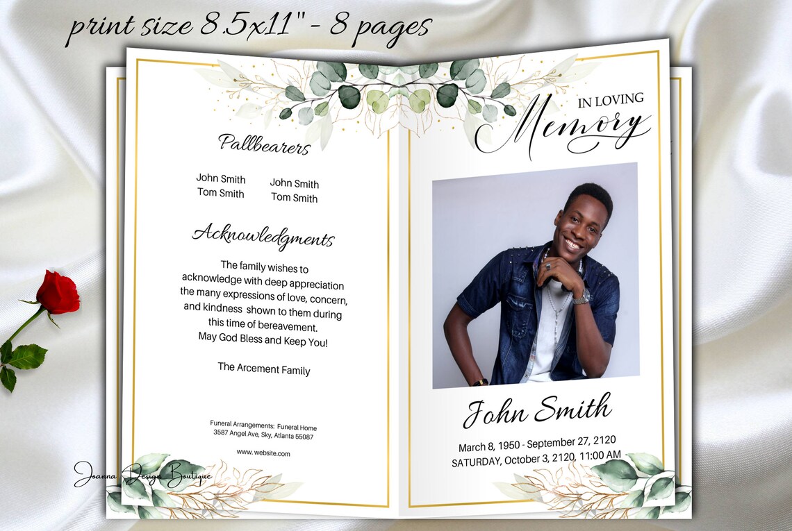 Greenery Funeral Program 8 Pages Green Obituary for Man Men Gold ...