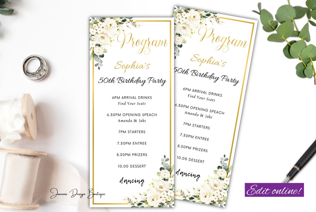 White Roses Program Template Gold Wedding Program White Roses Birthday ...