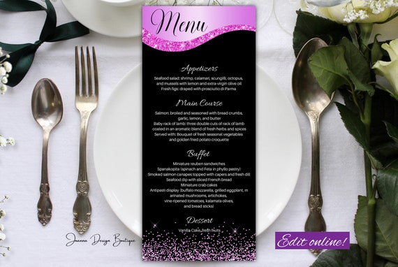 Purple Pink Menu Card Template Pink Glitter Menu Wedding - Etsy