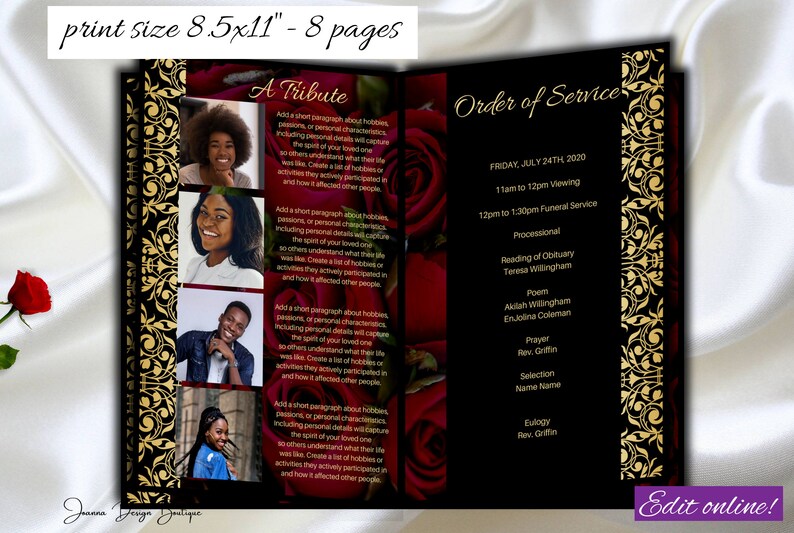 Red Roses Black Obituary Program 8 Pages Red Roses Luxury - Etsy