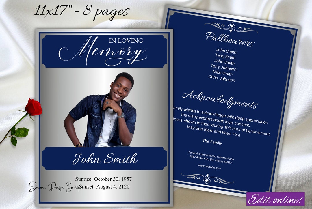 Blue Silver Funeral Program Template 11x17" 8 Pages Blue Obituary Man ...