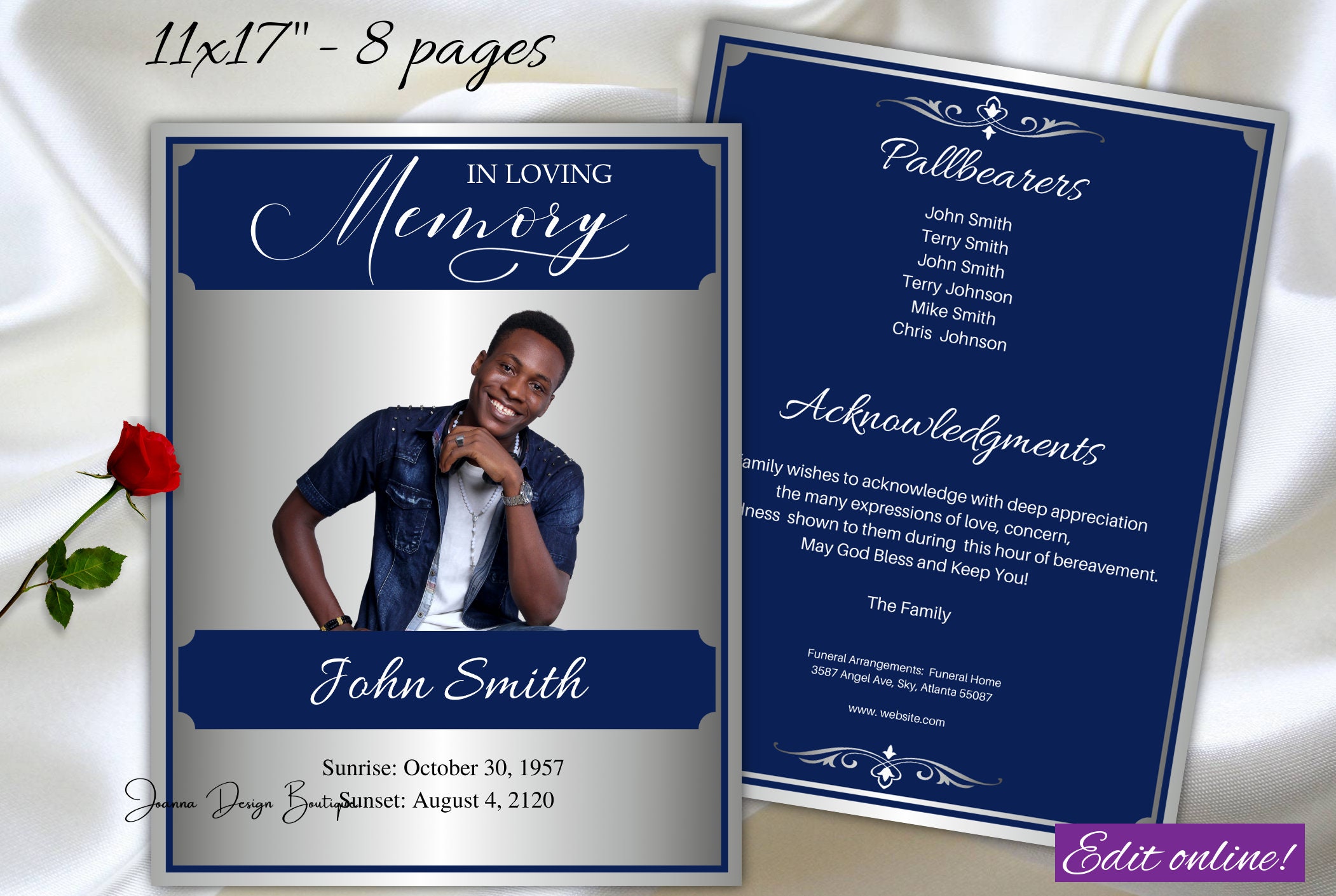 Blue Silver Funeral Program Template 11x17" 8 Pages Blue Obituary Man ...