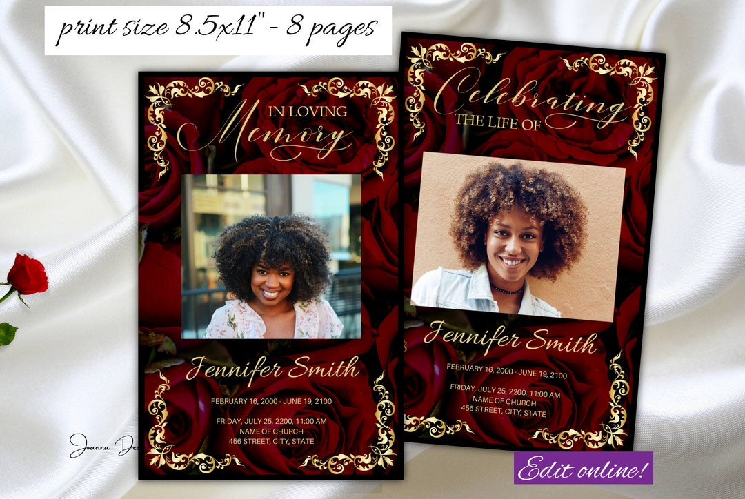 Red Roses Black Obituary Program 8 Pages Red Roses Luxury Funeral ...