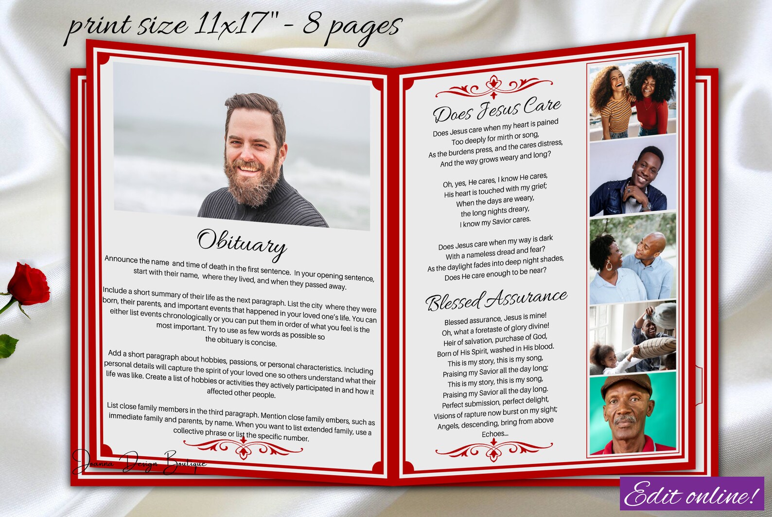 Red Gray Obituary Funeral Program Template 11x17 Red Memorial - Etsy