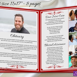 Red Gray Obituary Funeral Program Template 11x17 Red Memorial Service ...