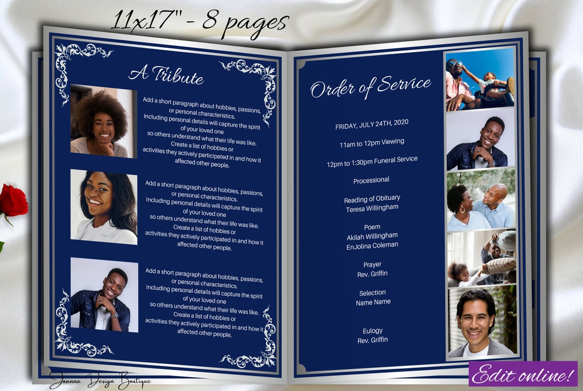 Blue Silver Funeral Program Template 11x17" 8 Pages Blue Obituary Man ...
