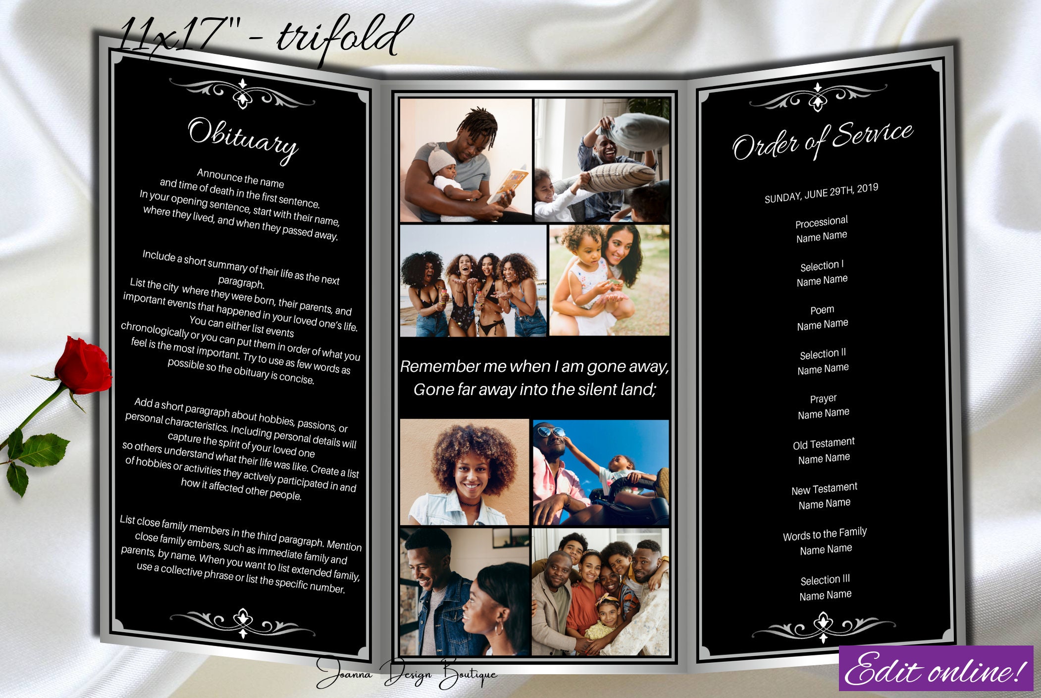 Black Silver Funeral Program Template Trifold Silver Memorial Service ...