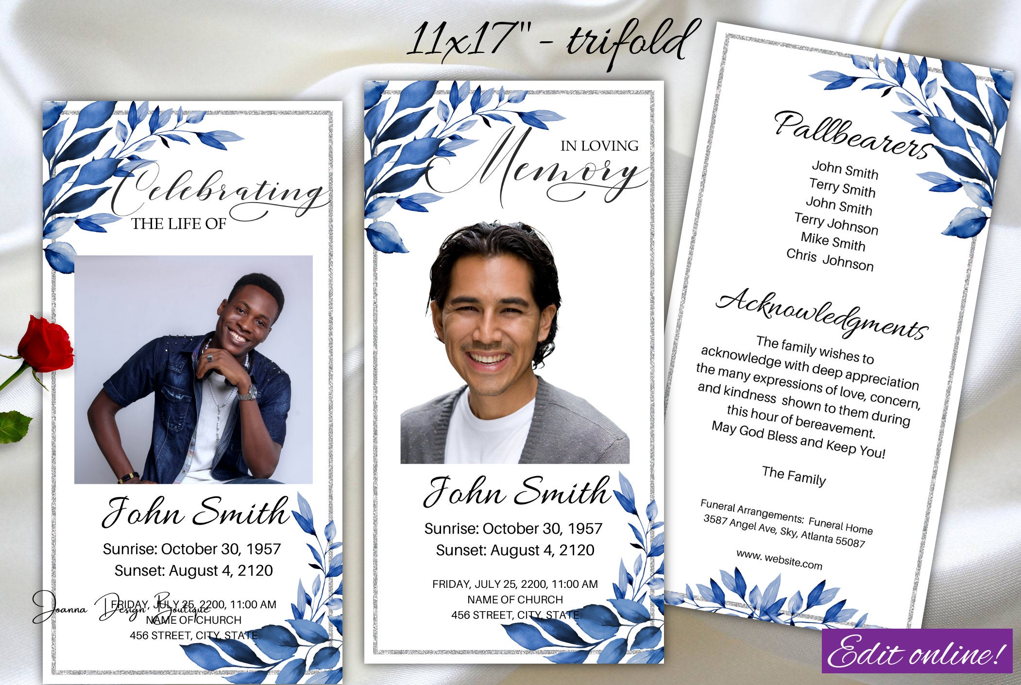 Blue Funeral Program Template Trifold Navy Blue Memorial - Etsy