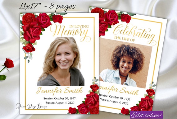 Red Roses Funeral Program Template 8 Pages Ledger Obituary - Etsy Finland