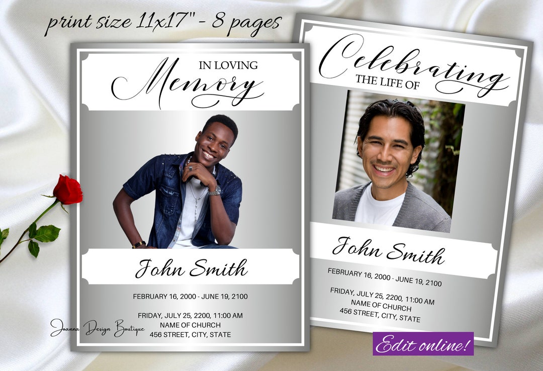White Silver Funeral Program Template 11x17" 8 Pages Male Man Grey ...