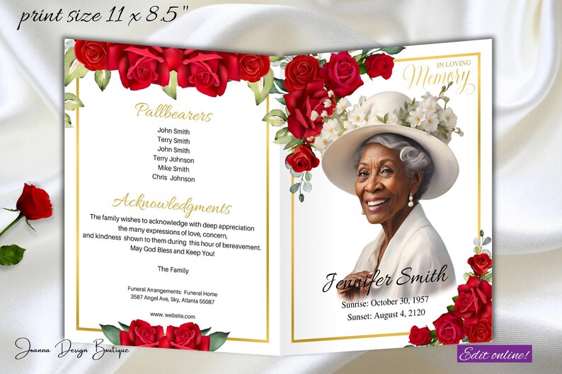 Red Roses Funeral Program Obituary for Women Red Roses Obituary Funeral ...