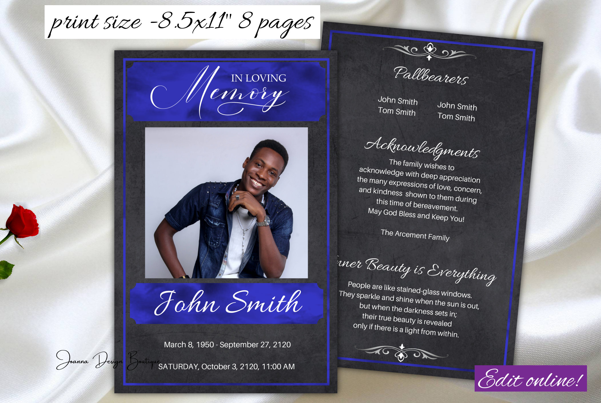 Blue Black Funeral Obituary Program Template 8.5x11" 8 Pages for Men ...