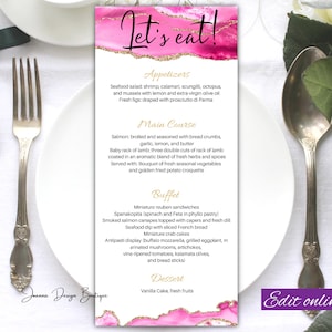 Pink Gold Menu Card Template Pink Gold Glitter Wedding Menu Let's Eat ...