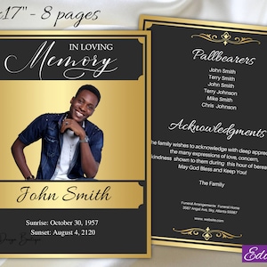 Gold Funeral Program Template 11x17" 8 Pages Male Man Gold Memorial ...