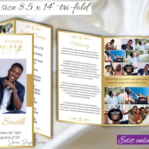 White Gold Funeral Program Template Trifold Gold Obituary Memorial ...