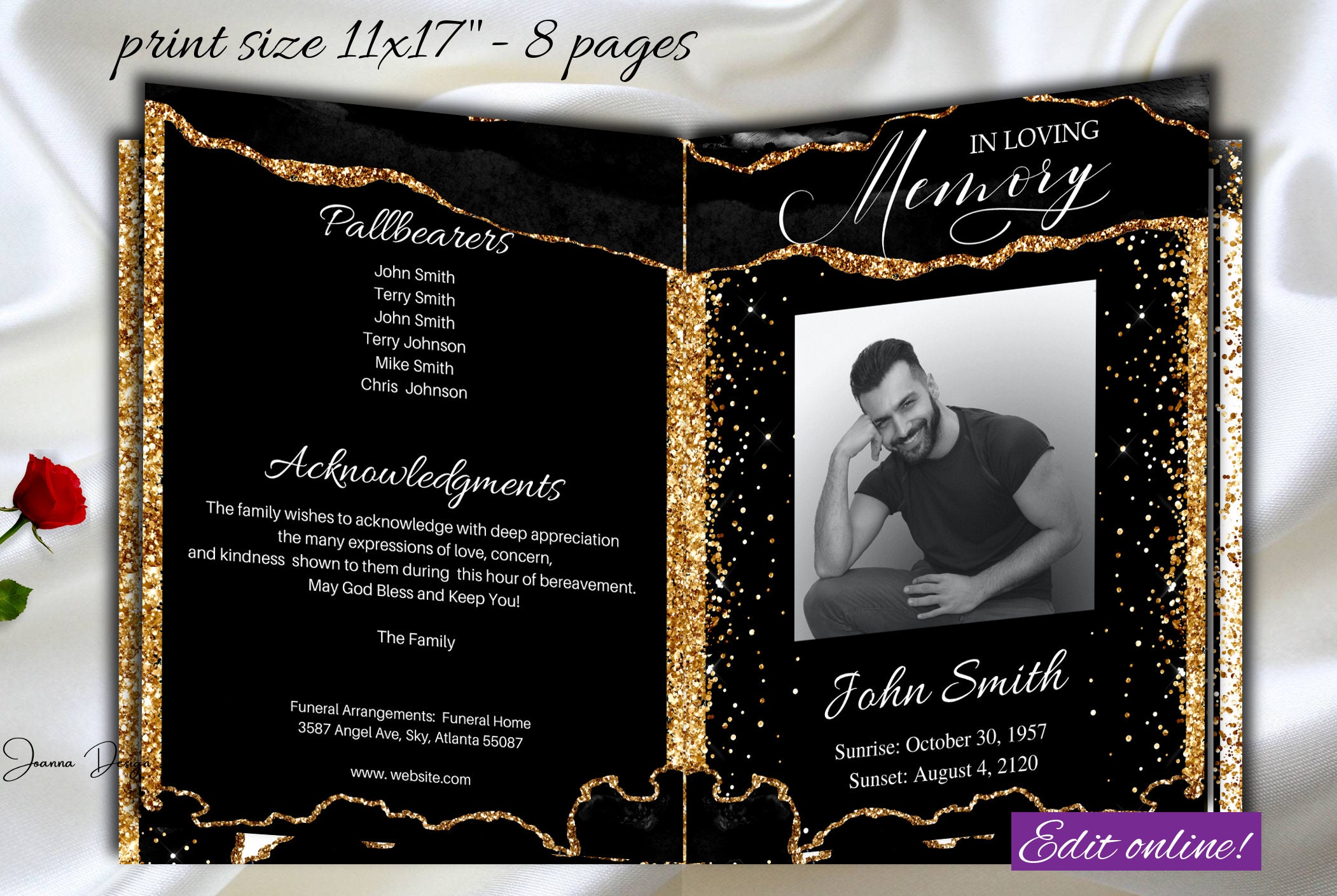 Black Gold Funeral Program Template Obituary Template Modern | Etsy