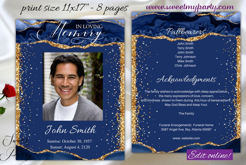 Navy Blue Funeral Program Template Obituary Program Modern - Etsy