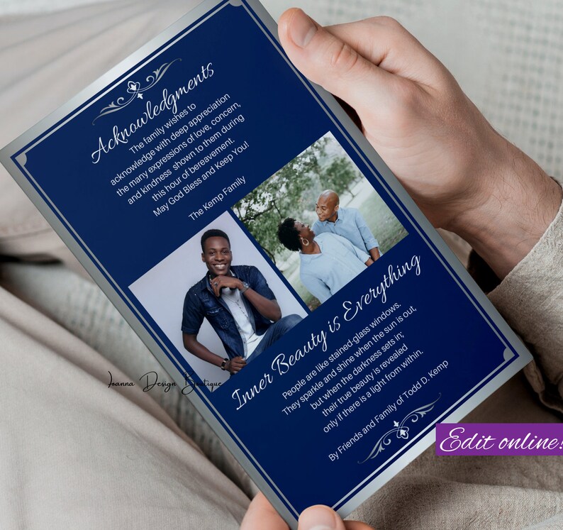 Blue Silver Funeral Program Obituary Template 8 Pages Blue Obituary Man ...