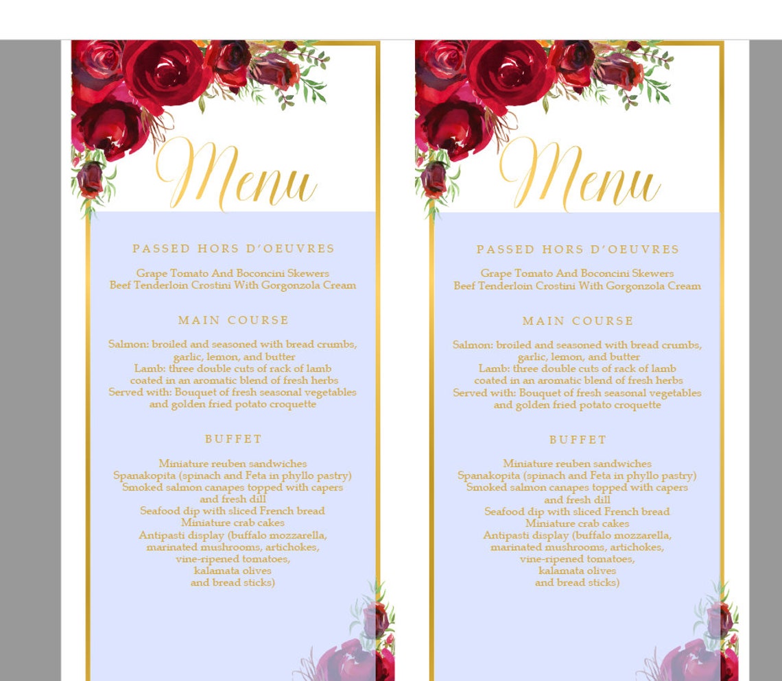 Red Roses Menu Cards Template Red Flowers Menu Card Floral Red - Etsy