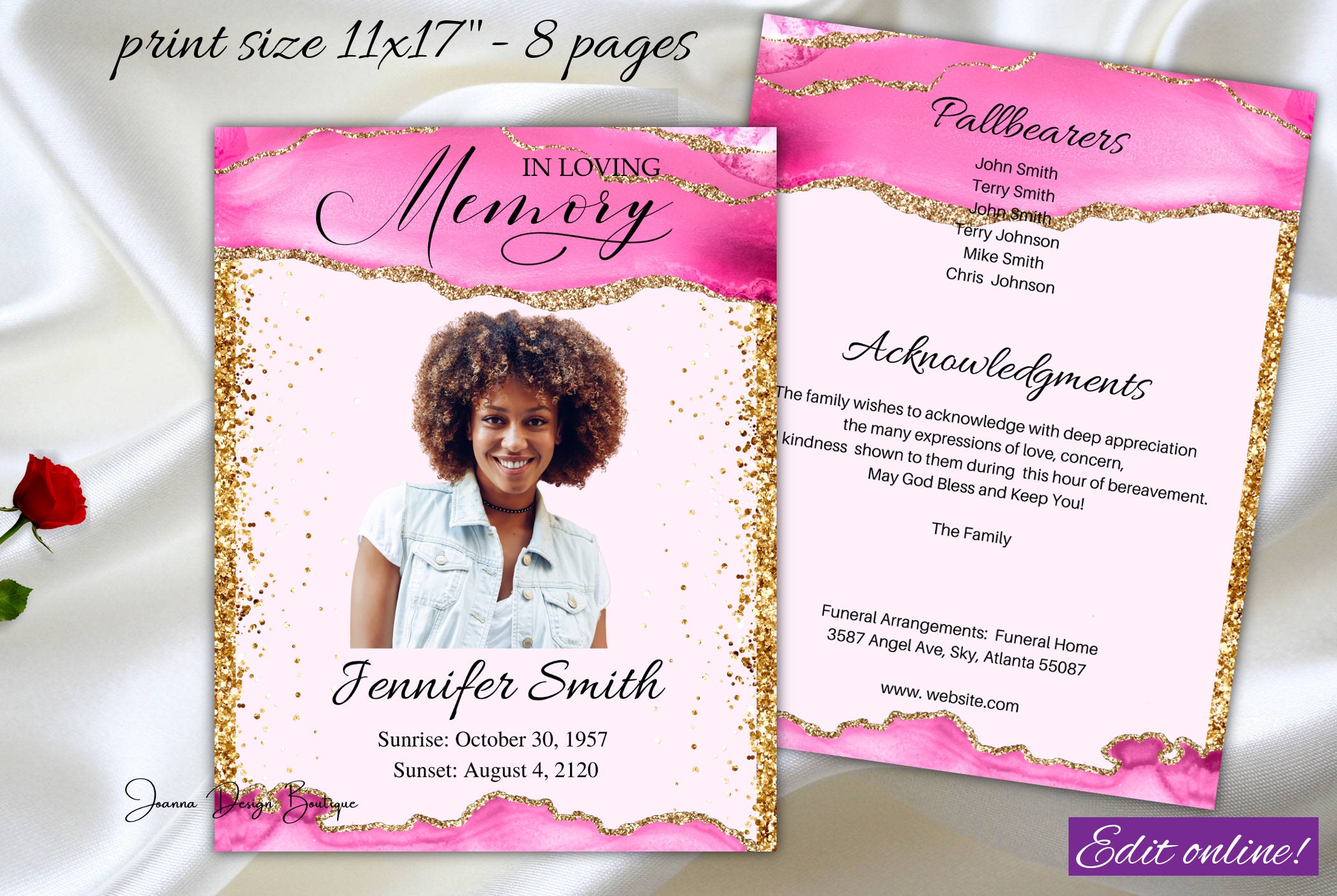Pink Gold Funeral Program Template Obituary Template Modern - Etsy